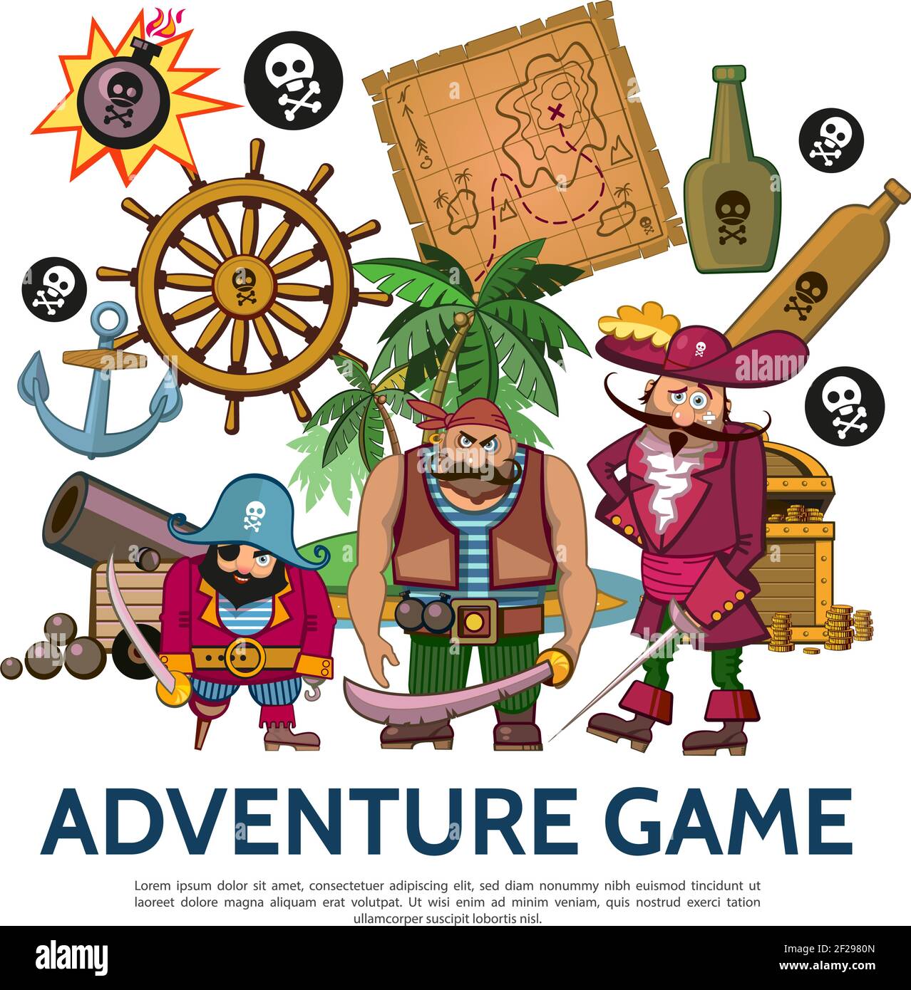 Flat colorful adventure game concept with pirates map bottles anchor ...