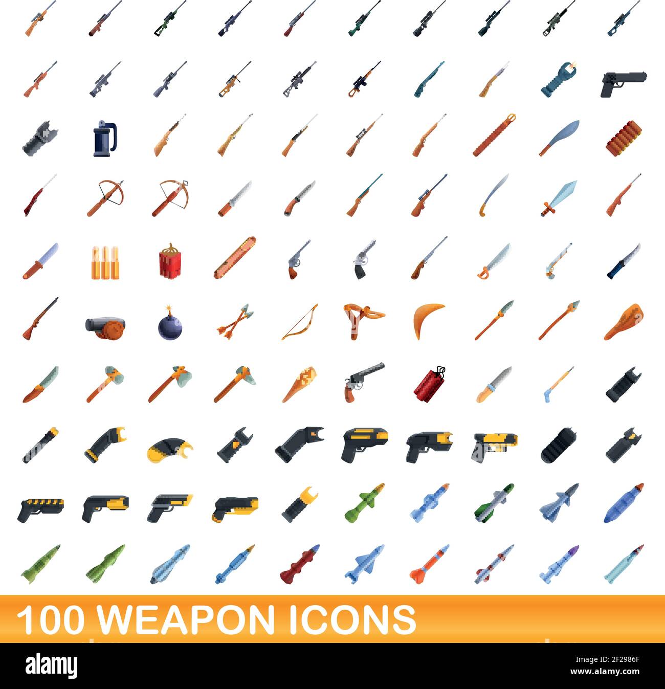 100 weapon icons set. Cartoon illustration of 100 weapon icons vector ...