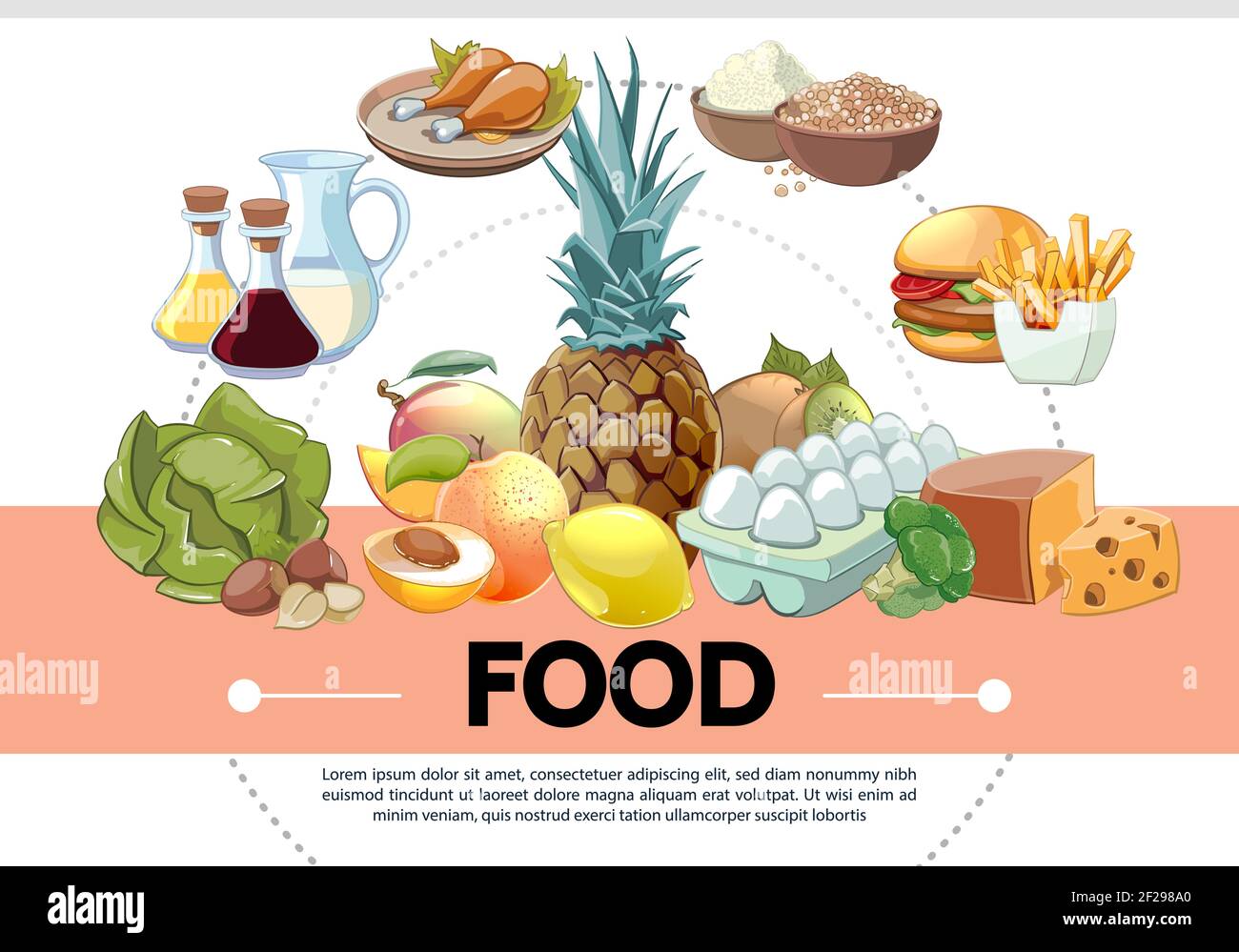Cartoon food template with pineapple cabbage milk juice chicken legs ...
