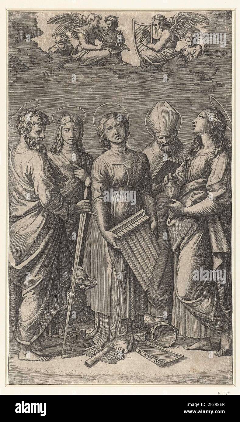 Heilige Cecilia met muziekinstrumenten omringd door vier heiligen ...