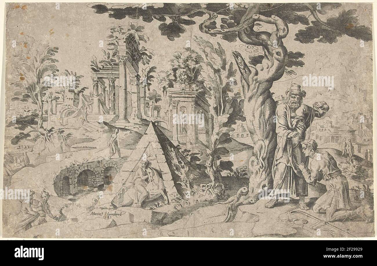 Samuel zalft Saul tot koning.A landscape with classical ruins. In the ...