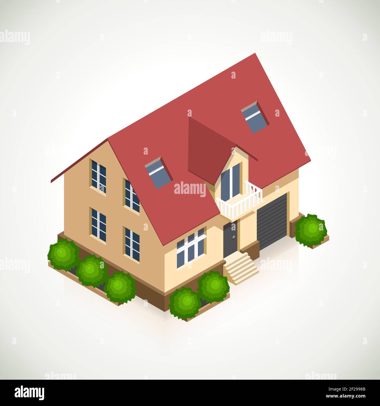 House 3d vector icon with green bushes. Architecture home, structure ...