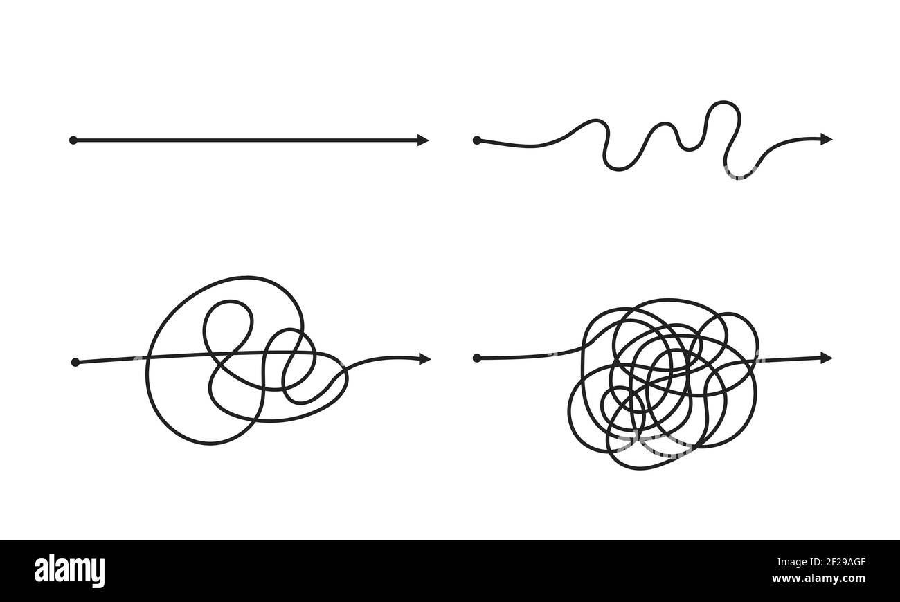 Complex and easy simple way from start to end vector illustration set. Chaos simplifying ...