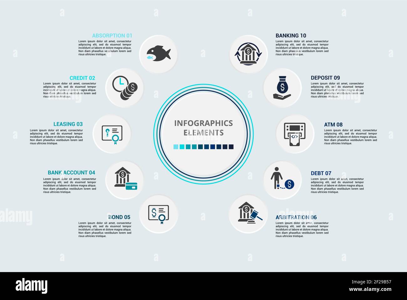 Infographic Banking template. Icons in different colors. Include ...