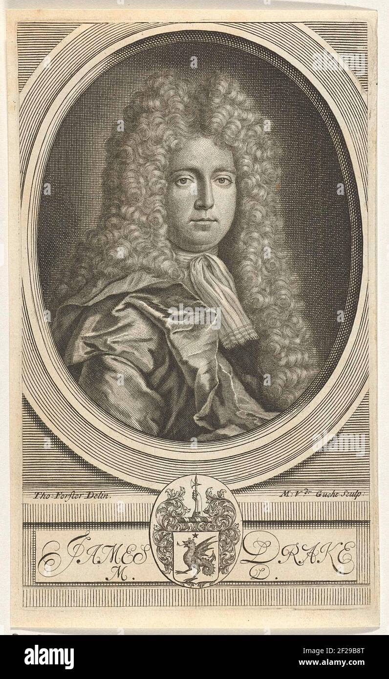 Portret van James Drake.Portrait of James Drake. Under the show a coat ...