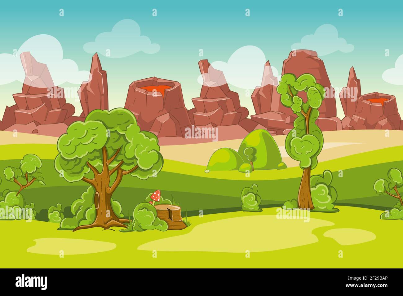 Seamless cartoon nature landscape with trees, rocks and volcanoes ...