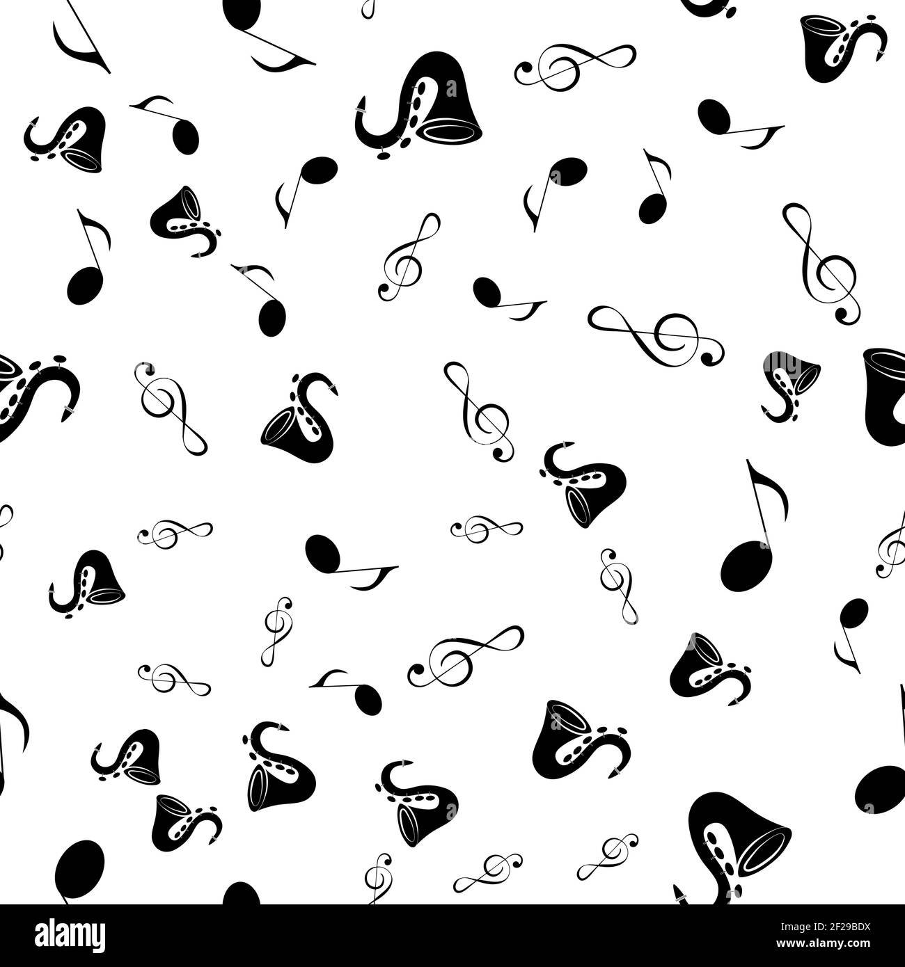 Saxophone, sheet music and treble clef are scattered over a white ...