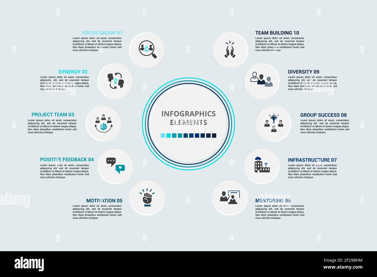 Infographic Team Building template. Icons in different colors. Include ...