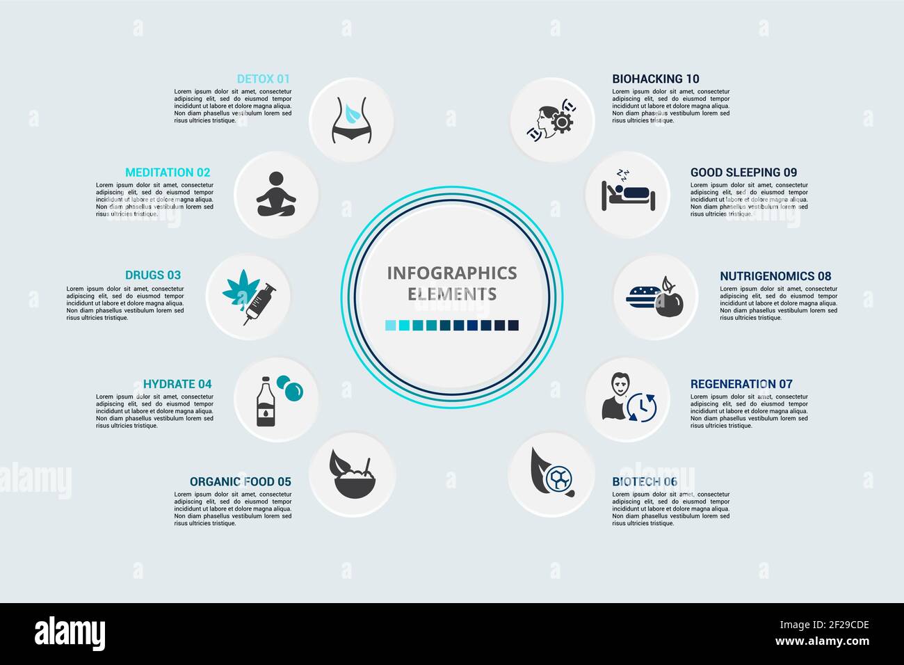 Infographic Biohacking template. Icons in different colors. Include ...