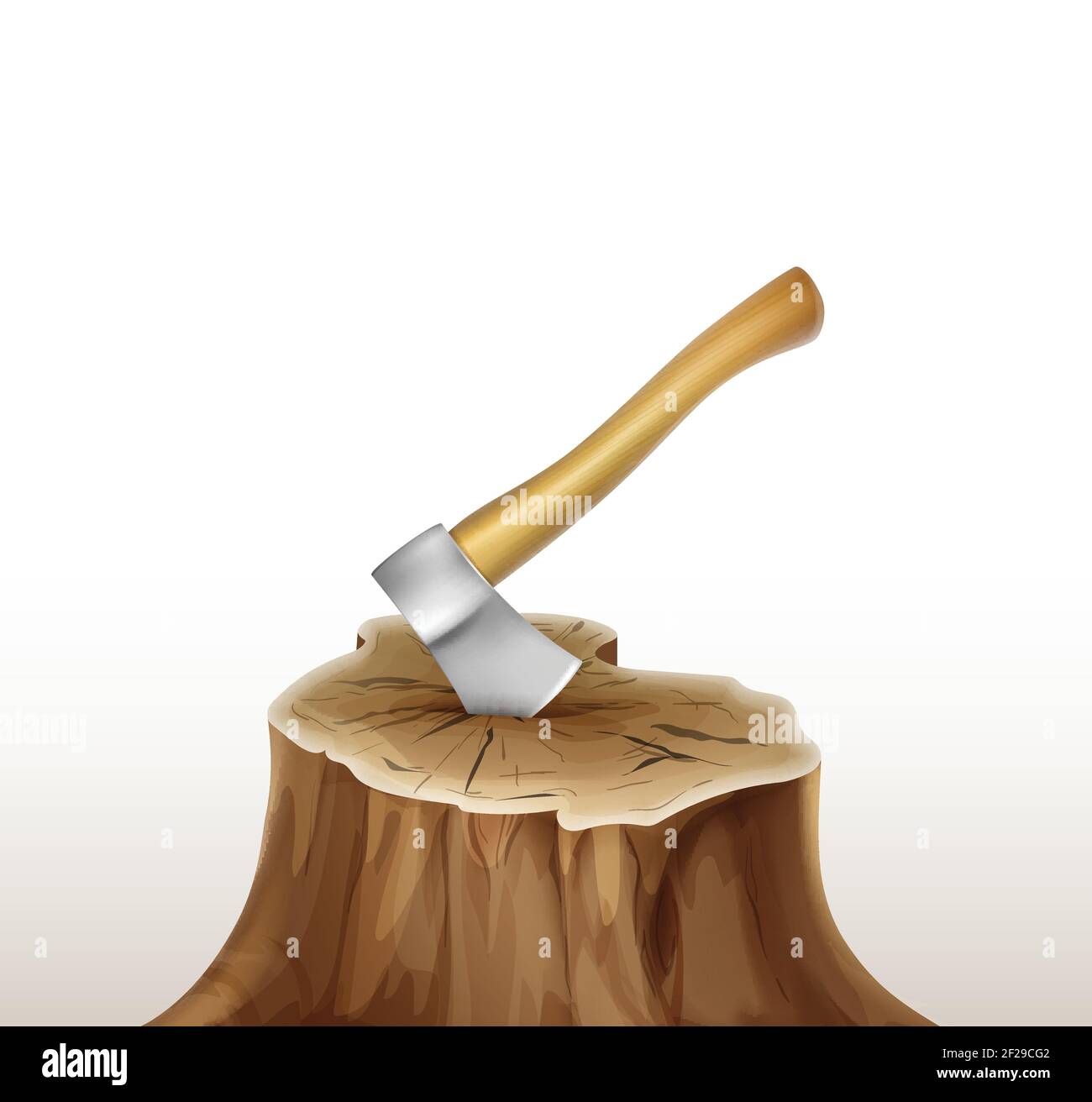 Vector iron axe with brown, ocher wooden handle in stump isolated on ...