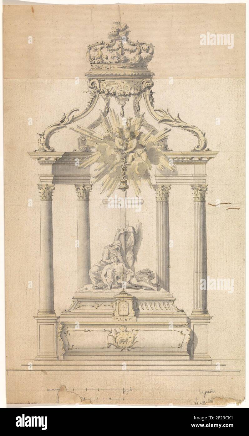Altar with a sculptured group of the command by the cross.Altaar with a ...