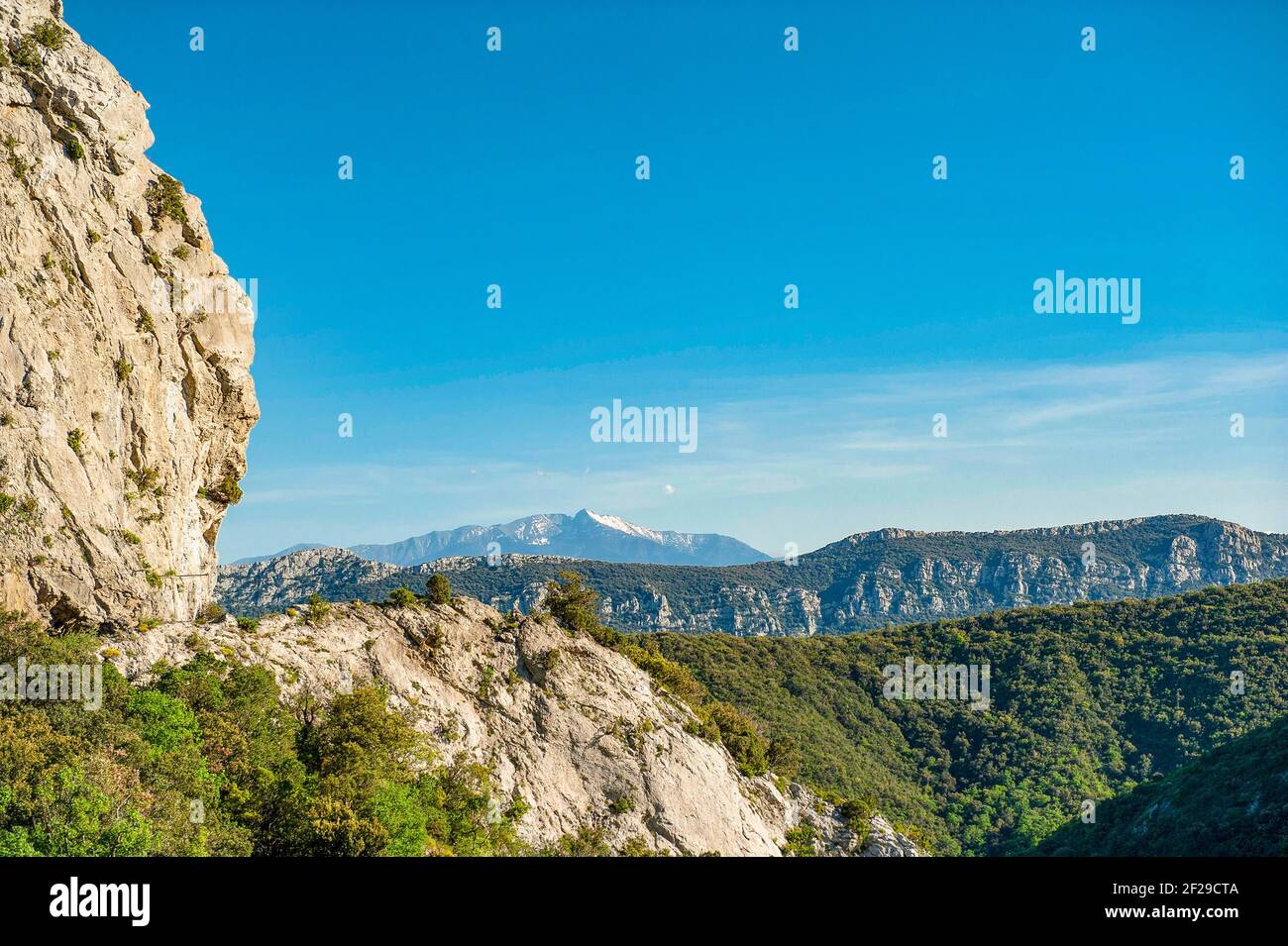 The snow-capped peak of Mount Canigou seen from the southern exit of ...
