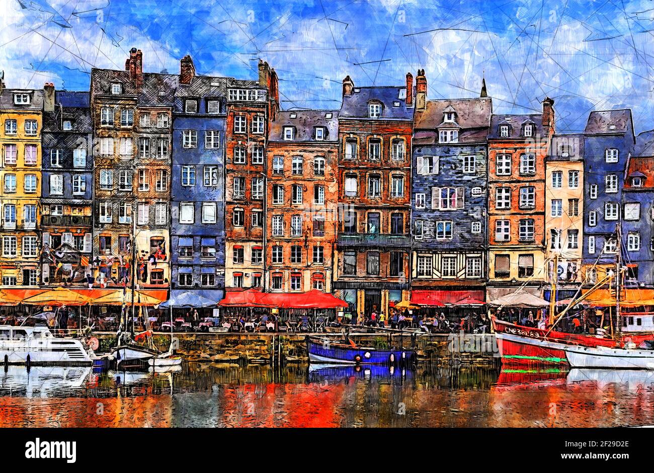 Colorful bulding and waterfront of Honfleur harbor in Normandy, France ...