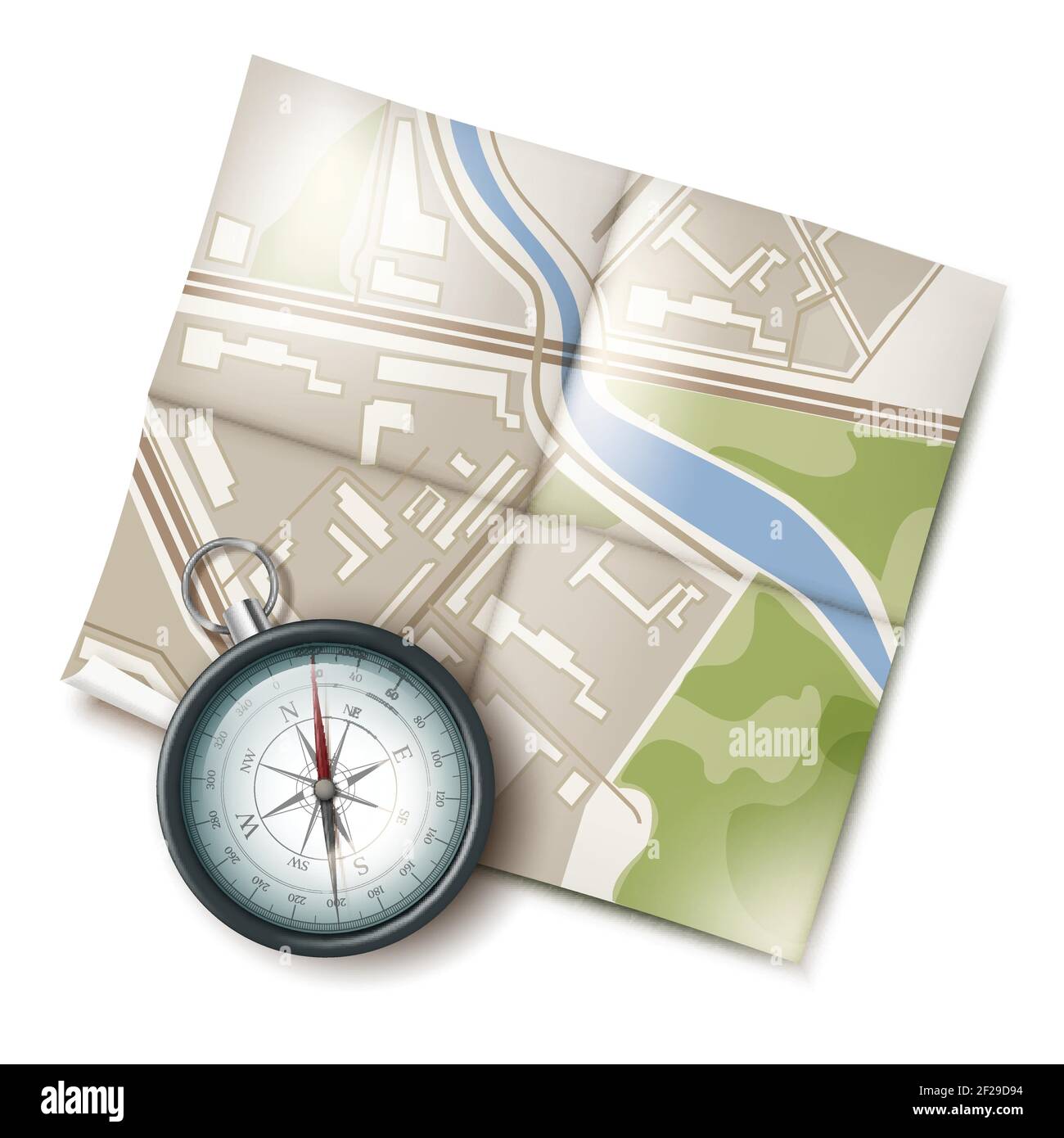 Vector retro metal pocket compass with travel map top view isolated on ...