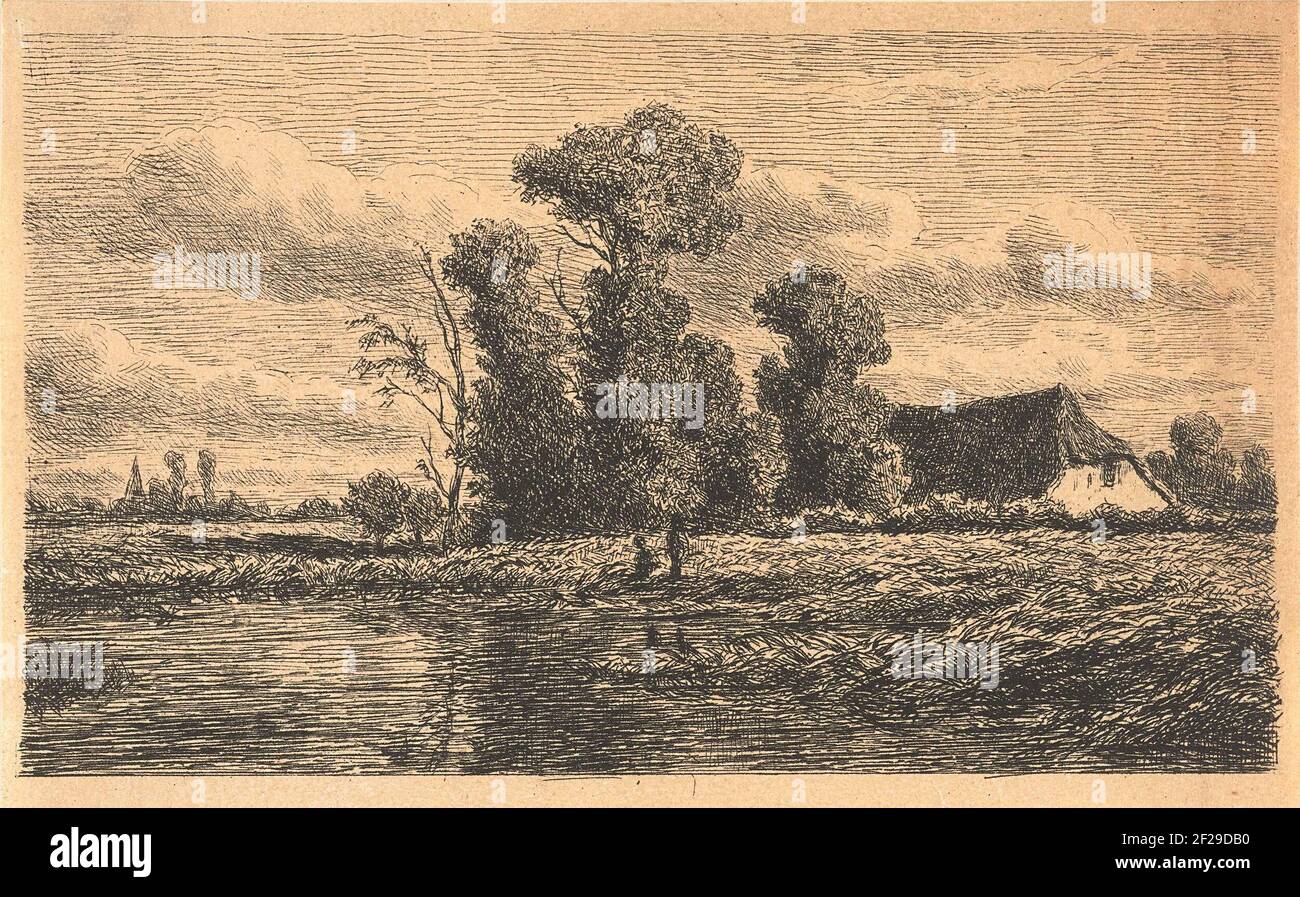 Landschap met sloot en boerderij.A river with two figures on the ...