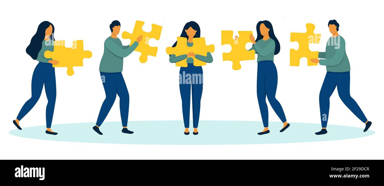 Group of people with jigsaw puzzles in hands. Team building and ...