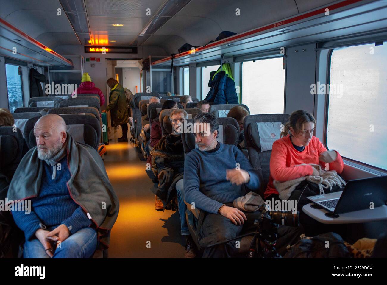 Inside Arctic circle train from Bodo to Trondheim, Nordland, Norway. At ...