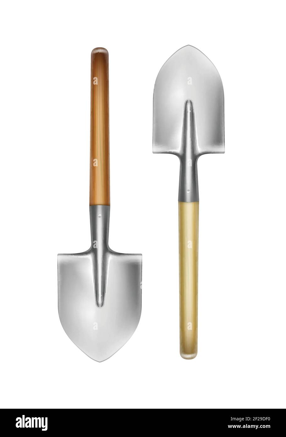 Vector big shovels with wooden handle front view isolated on white ...