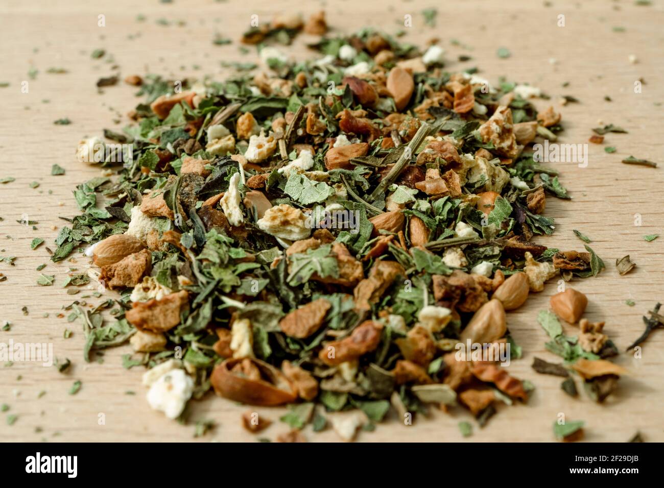 Dry green tea leaves with spirulina algae, buckwheat and dry plant ...
