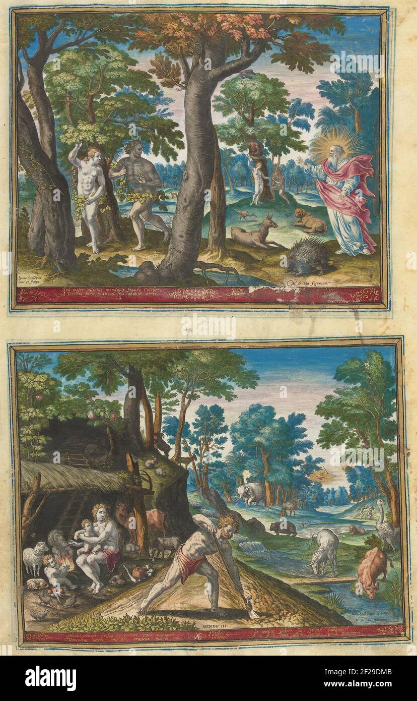 Adam and Eva at work outside of paradise; History of the first people ...