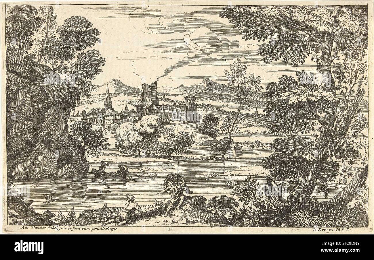 Landschap met man met wapperende mantel; Landschappen, serie vier.River ...