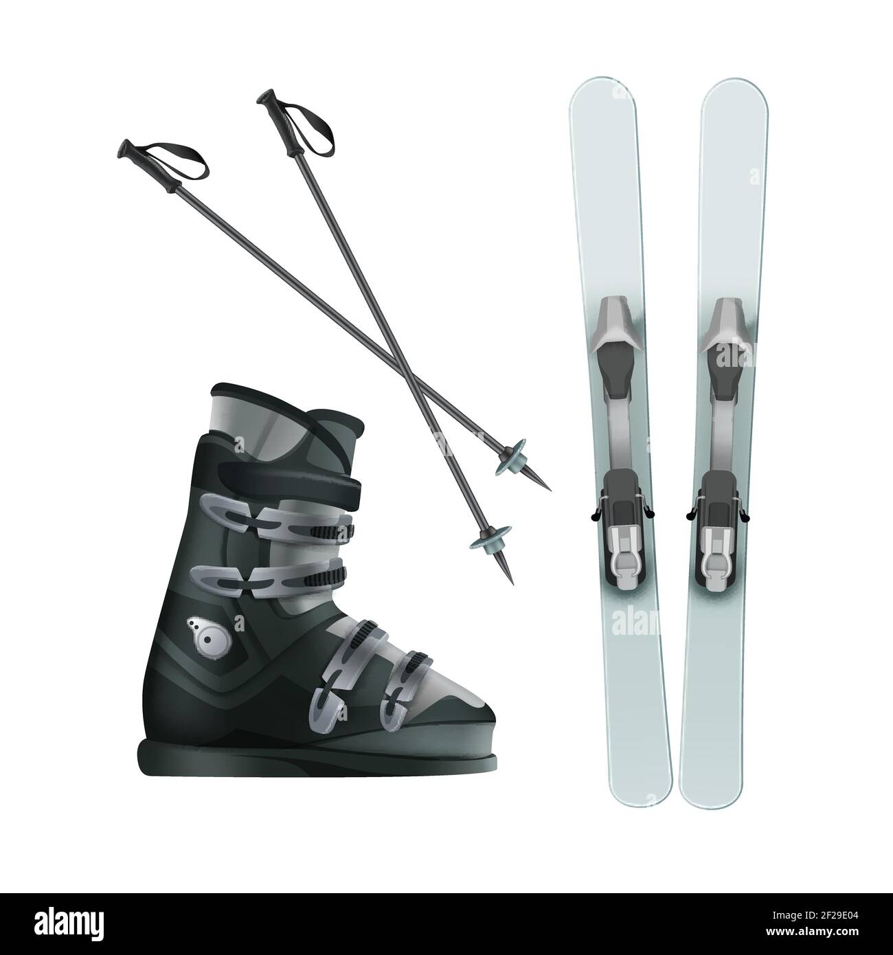 Vector light blue skis with boots and black sticks top, side view ...
