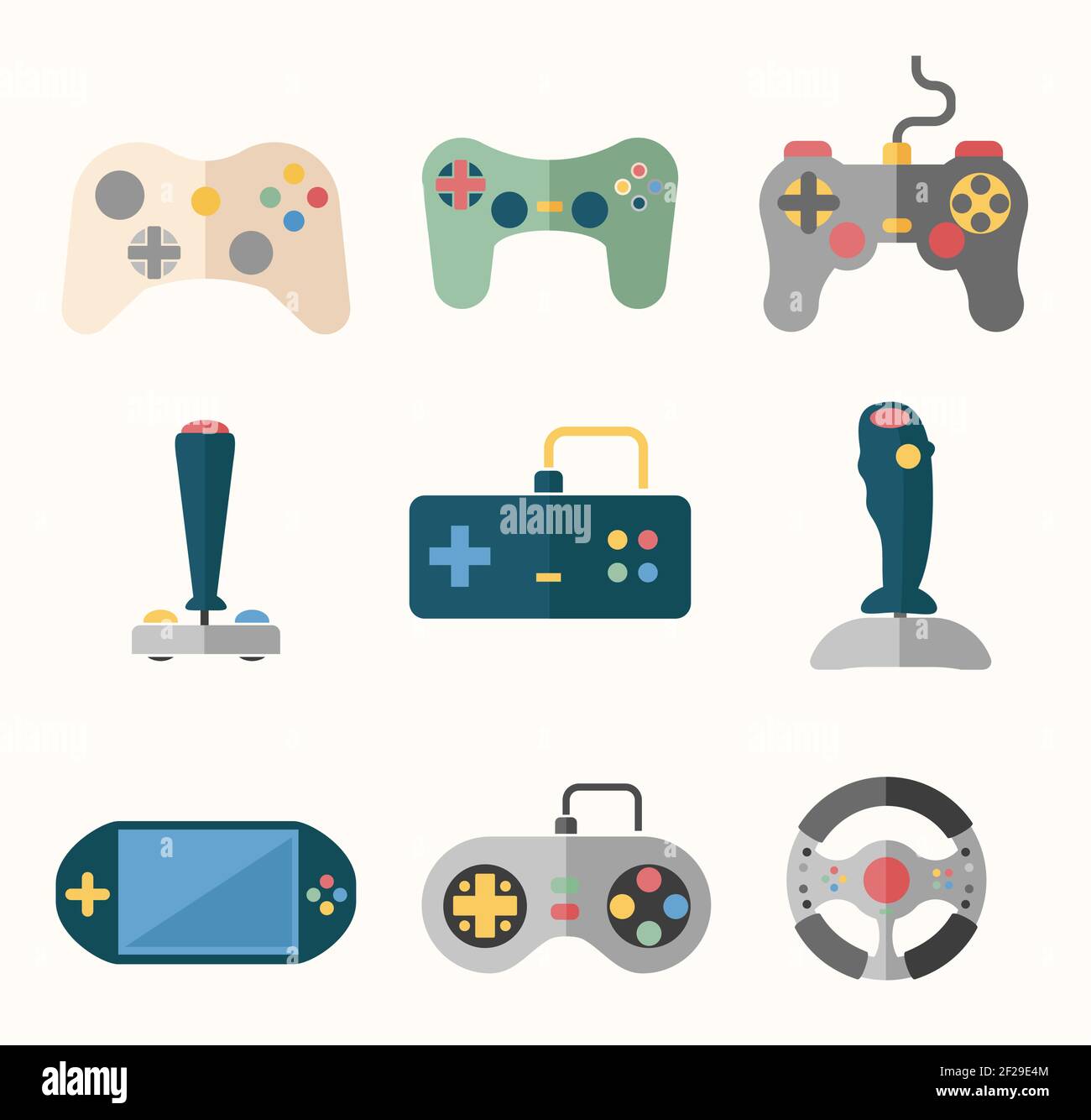 Joystick flat icons set. Play gaming, console and button, player and ...
