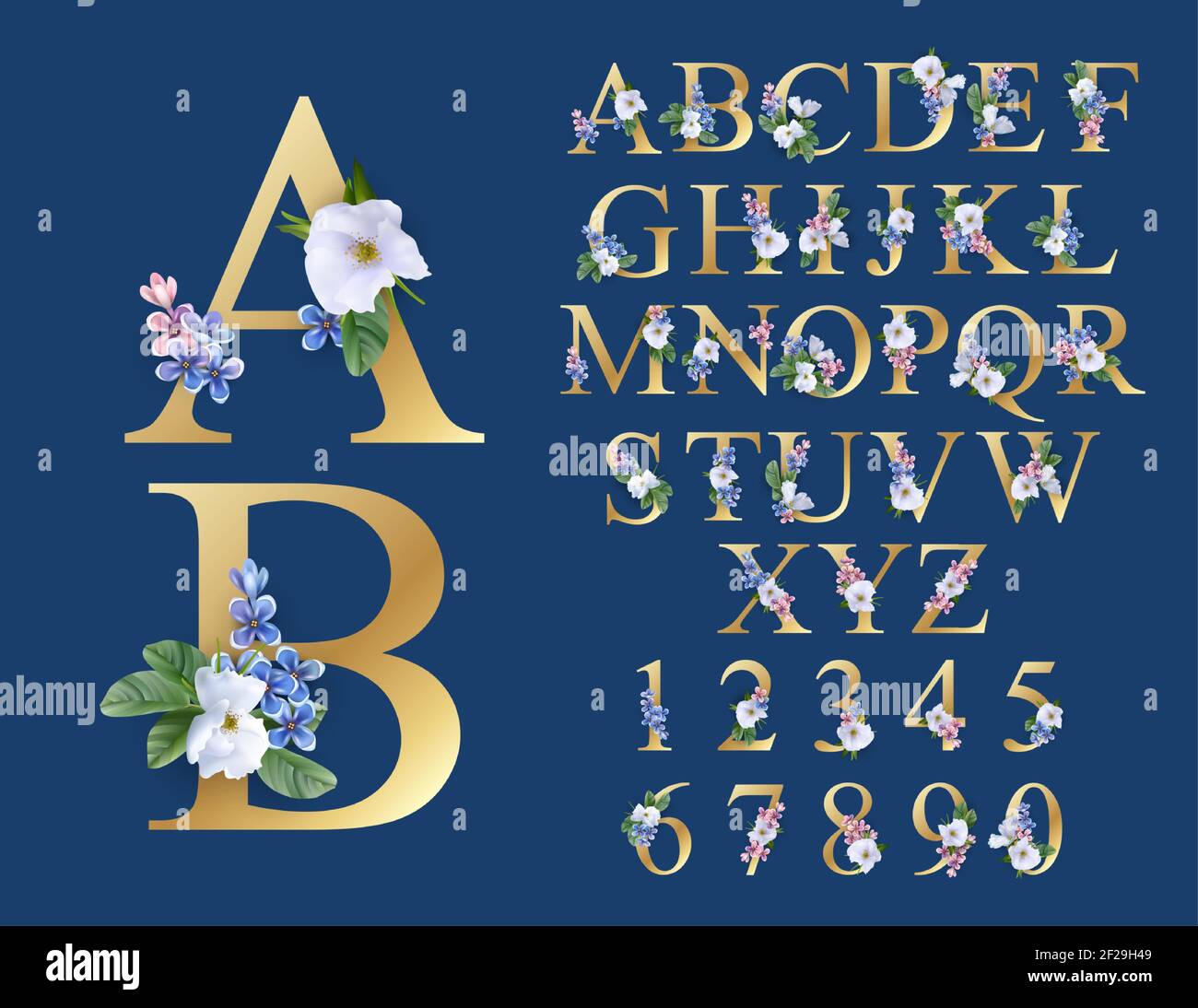Floral Font. Wedding alphabet. Initials with realistic botanical ...
