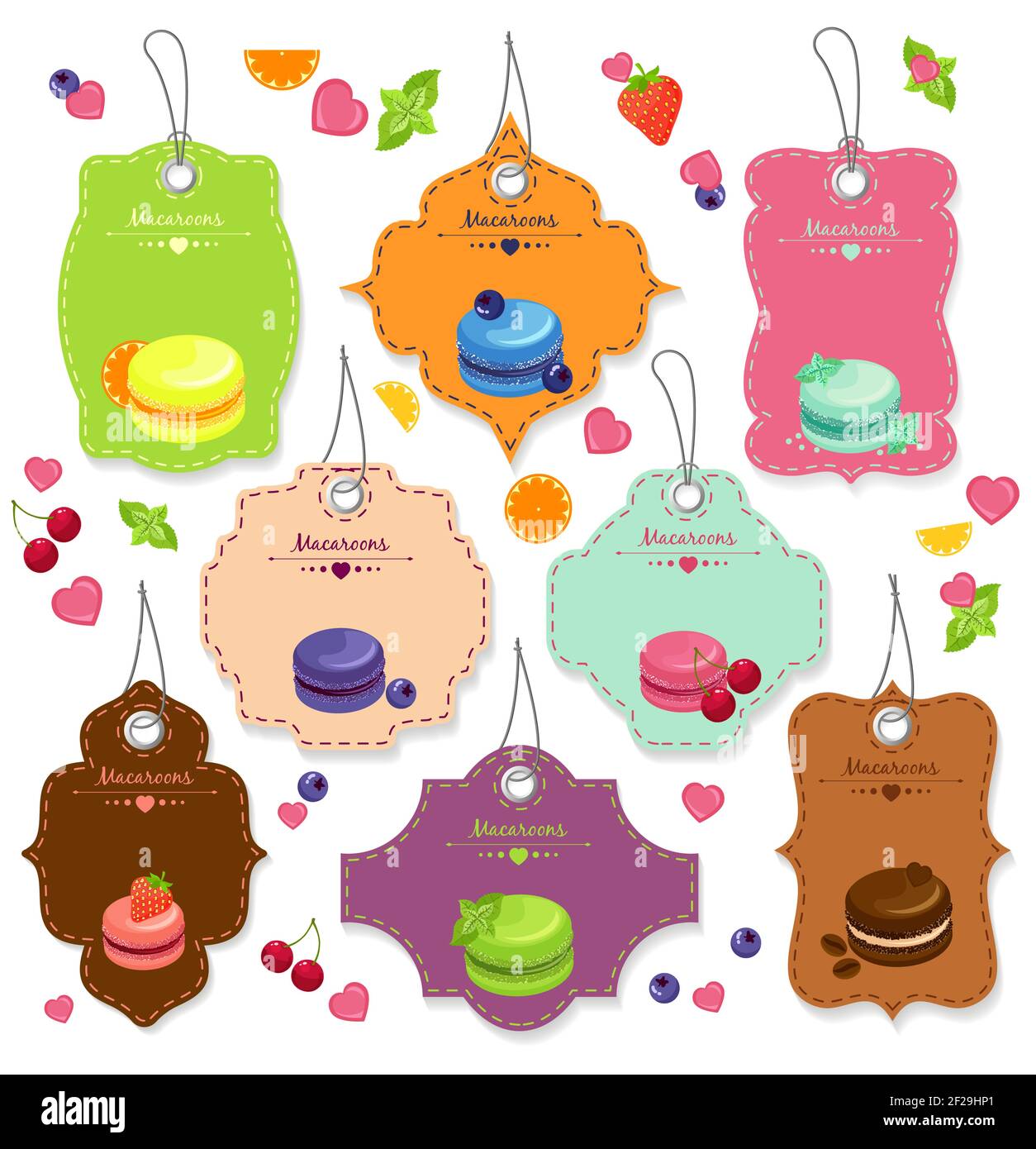 Tasty french macaroons invitation badges to the tea party. Assortment ...