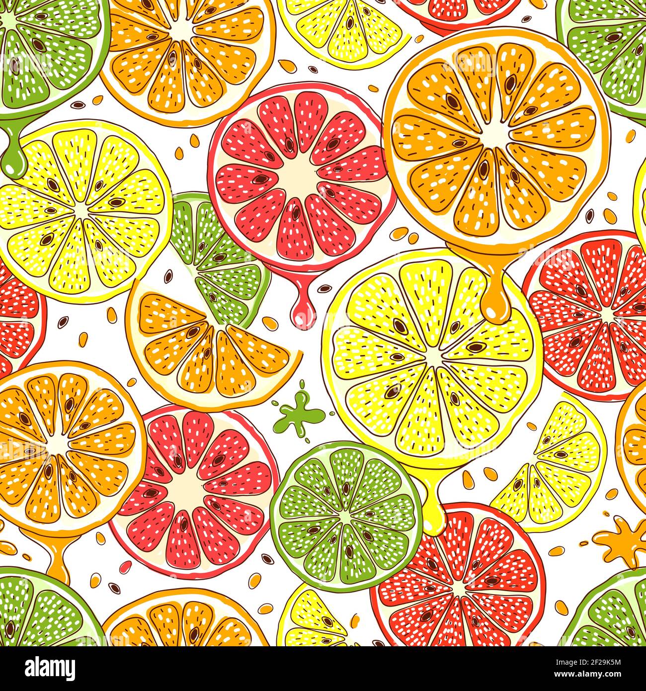 Citrus fruits vector seamless background. Food lemon and mandarin ...