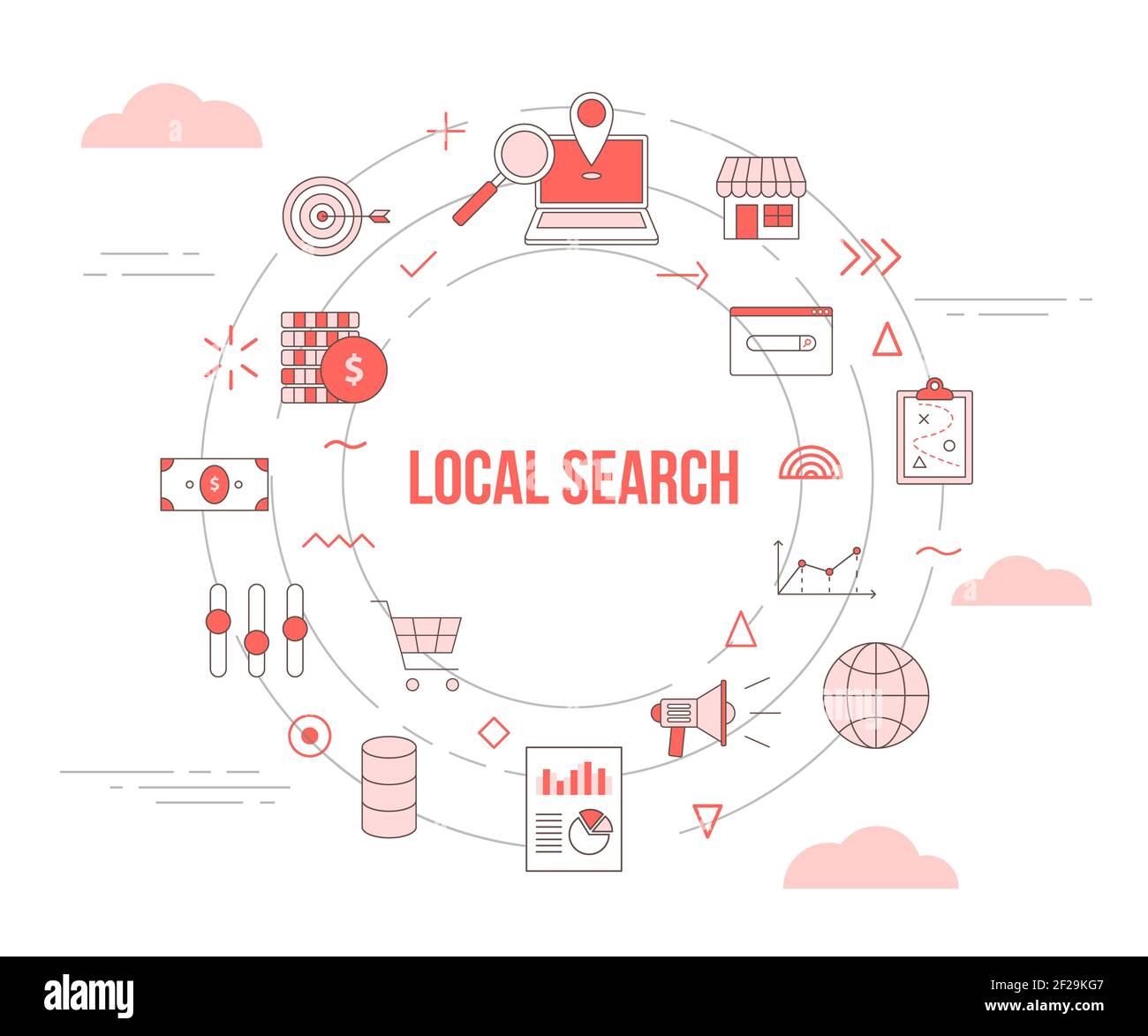 local search concept with icon set template banner with modern orange color style and circle ...