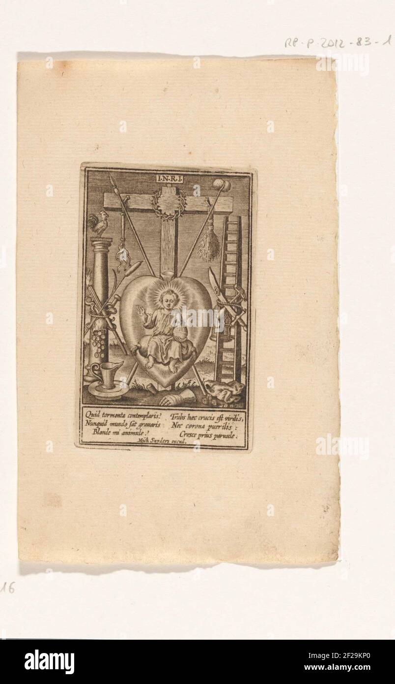 Christus in het heilige hart omringd door de passiewerktuigen; Cor Iesu ...