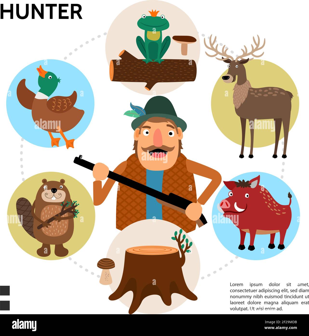 Flat hunting round concept with hunter holding gun beaver duck deer ...