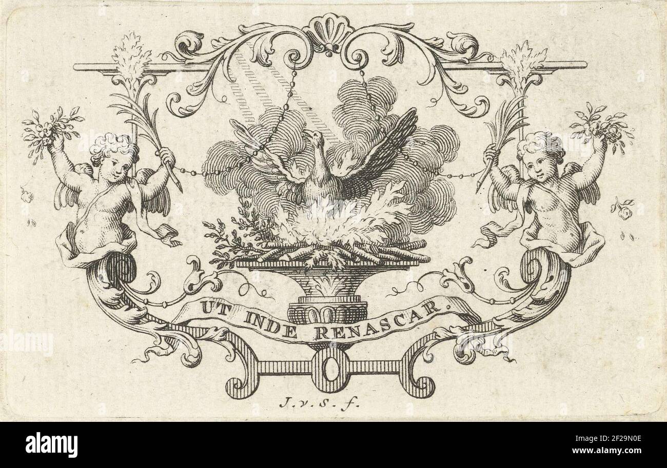 A burning phoenix framed by an ornamental table with two angels with ...