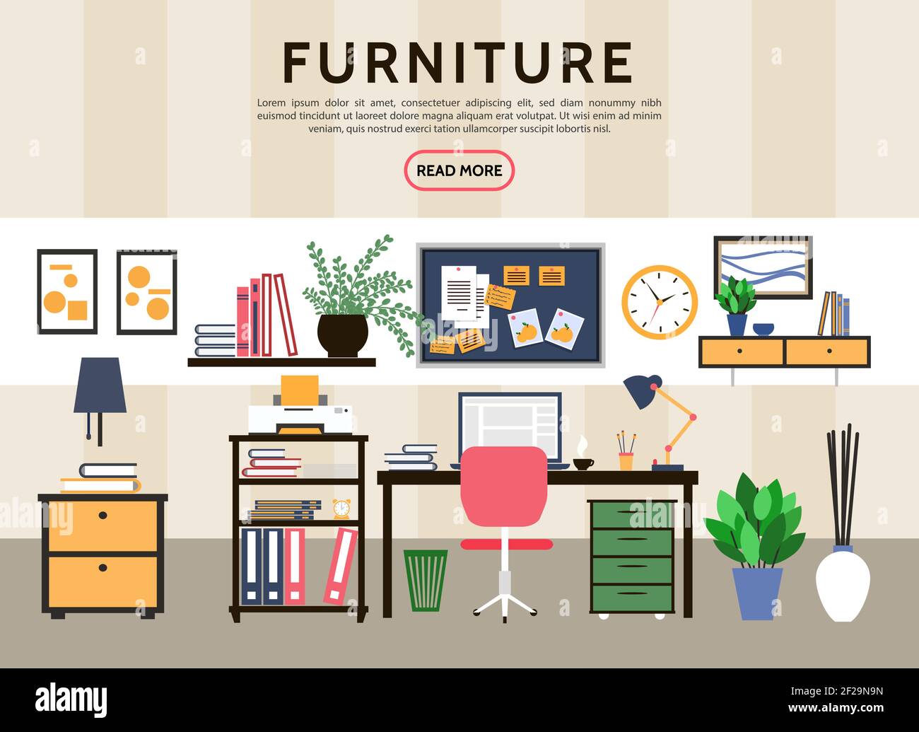 Flat designer workplace concept with table computer desk stickers ...