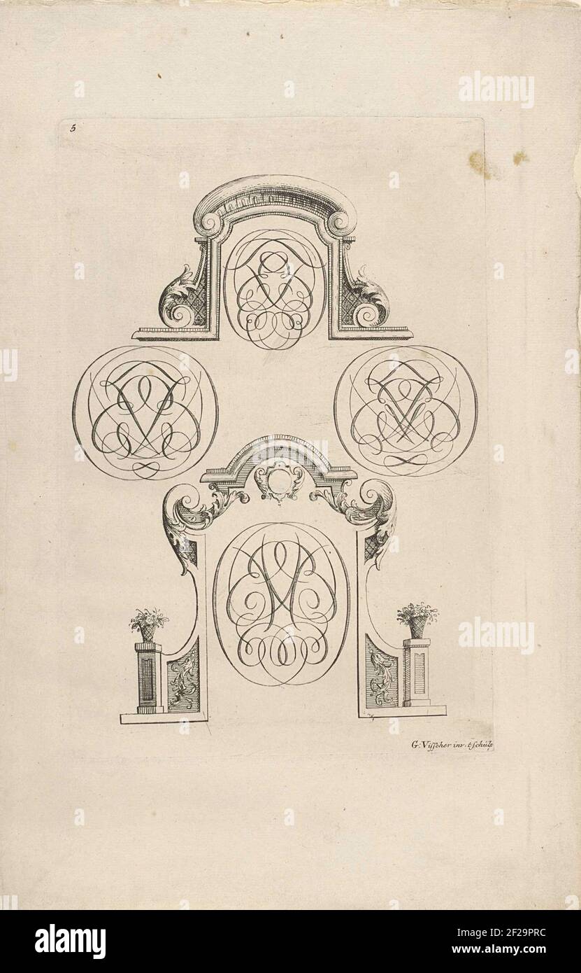 Four monograms a list of volutes and a gate; Decorative moldings and ...