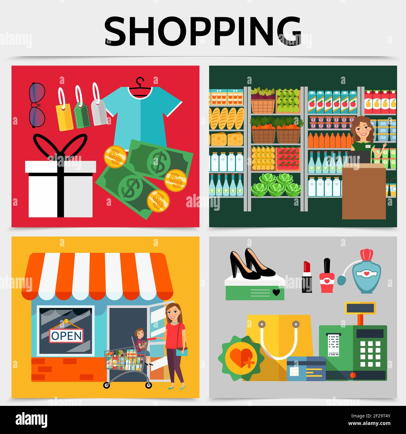 Flat shopping square concept with customers seller shelves with ...