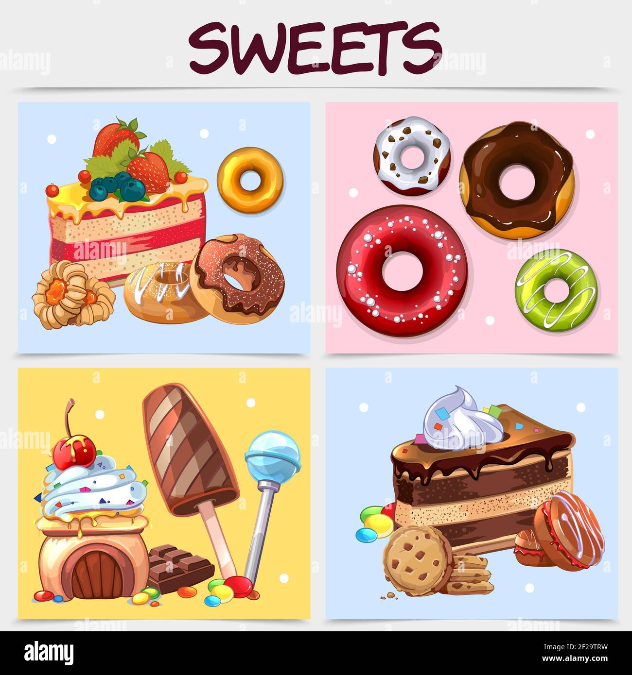 Cartoon sweets square concept with cakes donuts biscuits ice cream ...
