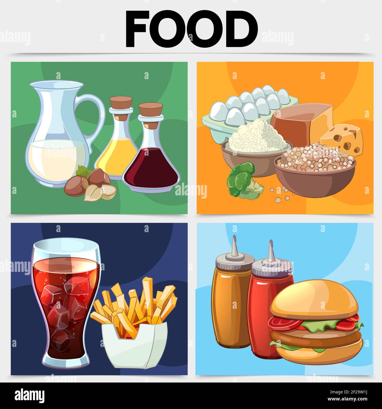 Cartoon food square concept with milk nuts soy sauce olive oil eggs ...