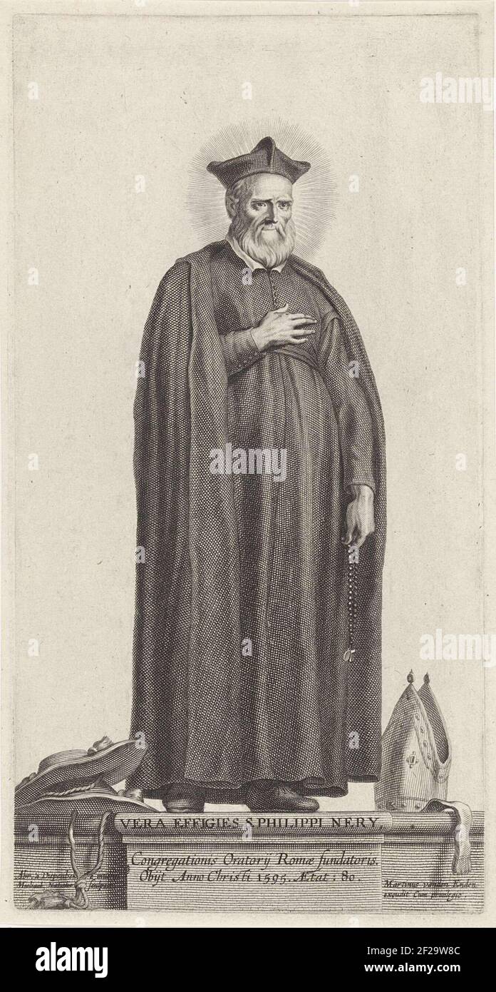 The Holy Philippus Neri, dressed in black soutane, a beret on the head ...