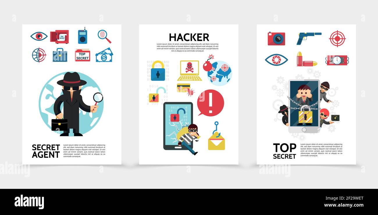 Flat hacking posters with hackers secret agent safe lock laptop ...