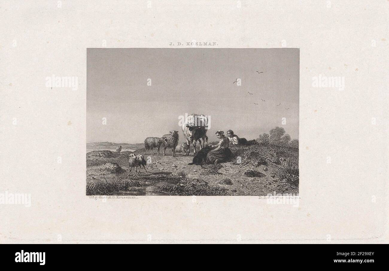 Landscape with shepherd and shepherd in a herd of sheep and a cow Stock ...