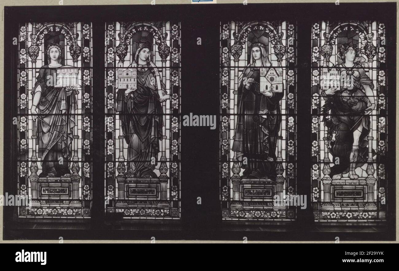 Stained glass windows with representatives from architecture; Voorhal ...
