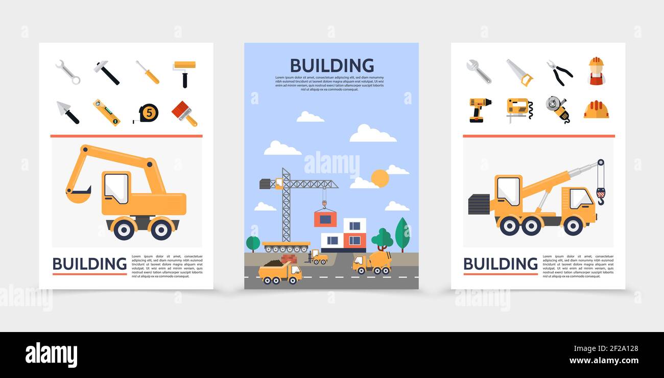 Flat building industry posters with builder construction vehicles ...