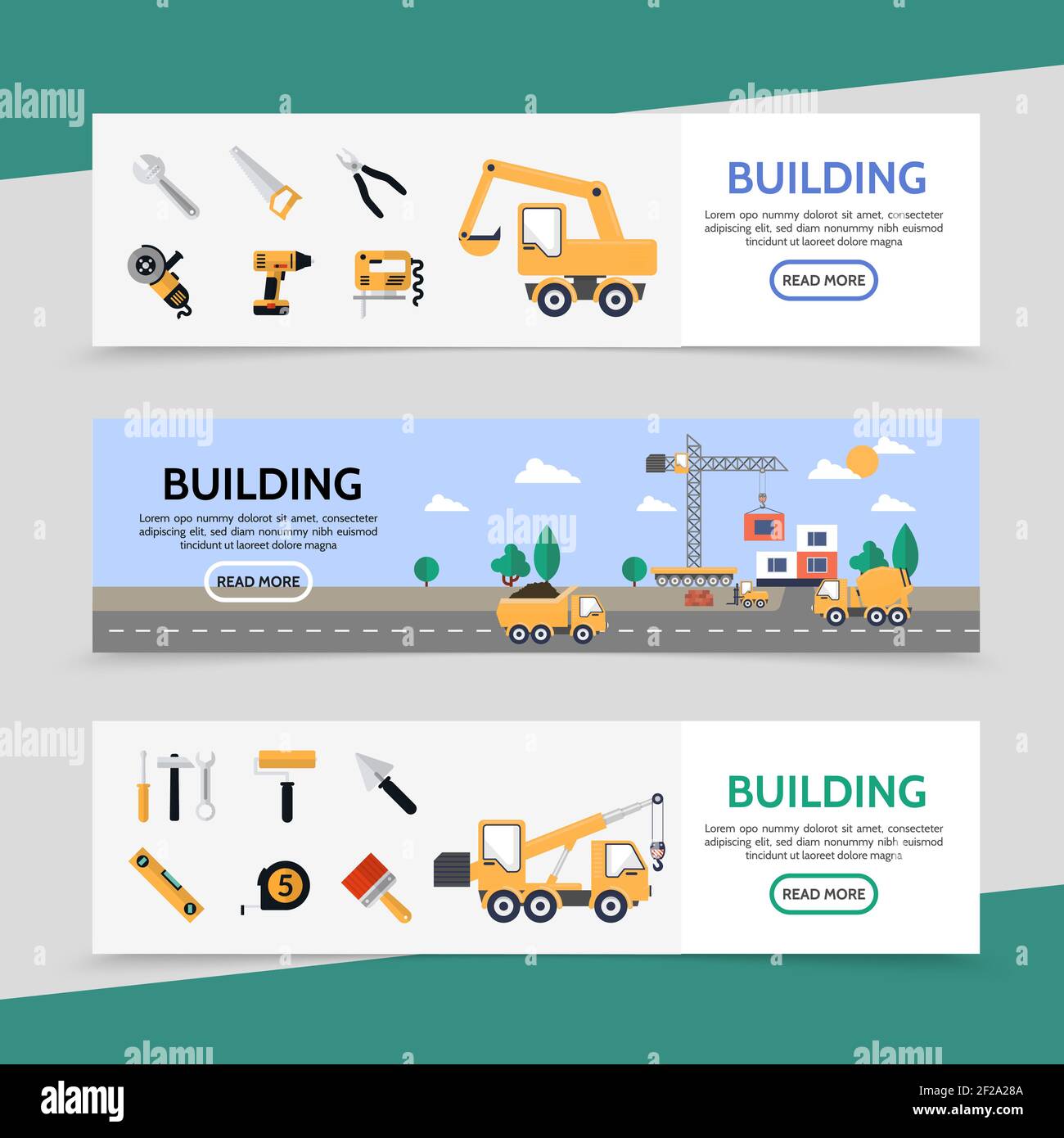 Flat building industry horizontal banners with wrench saw pliers ...