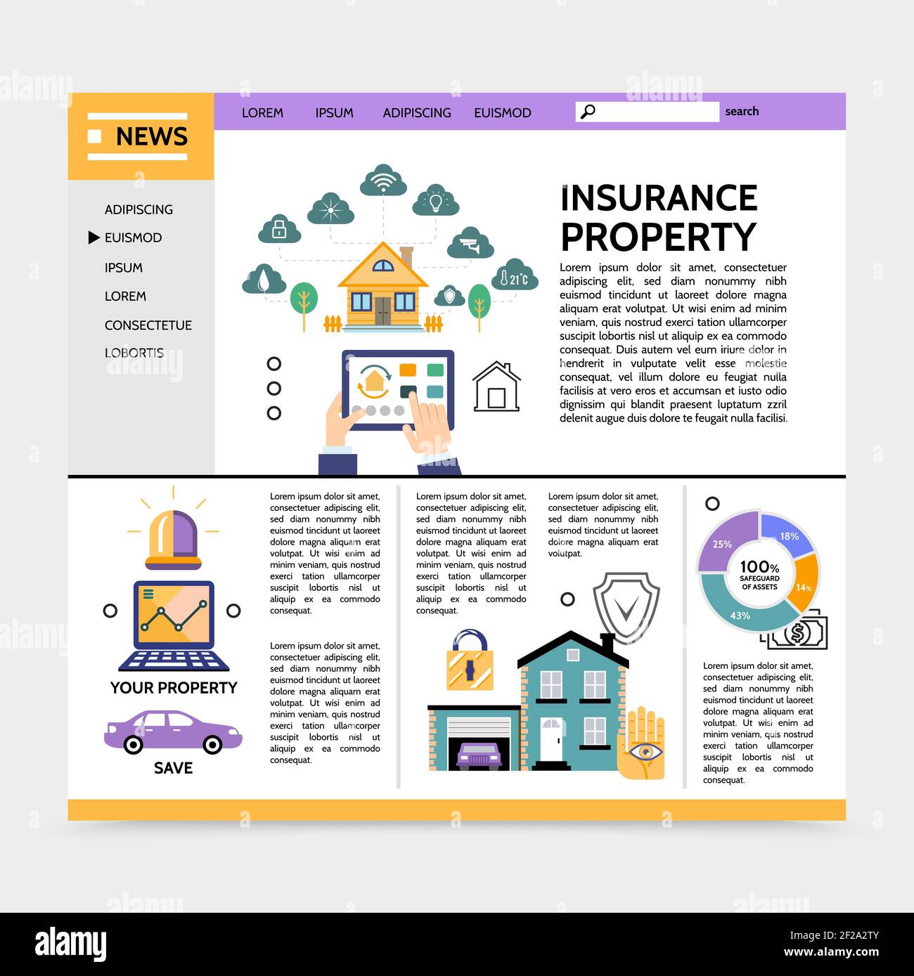 Property insurance service landing page concept with navigation menu ...