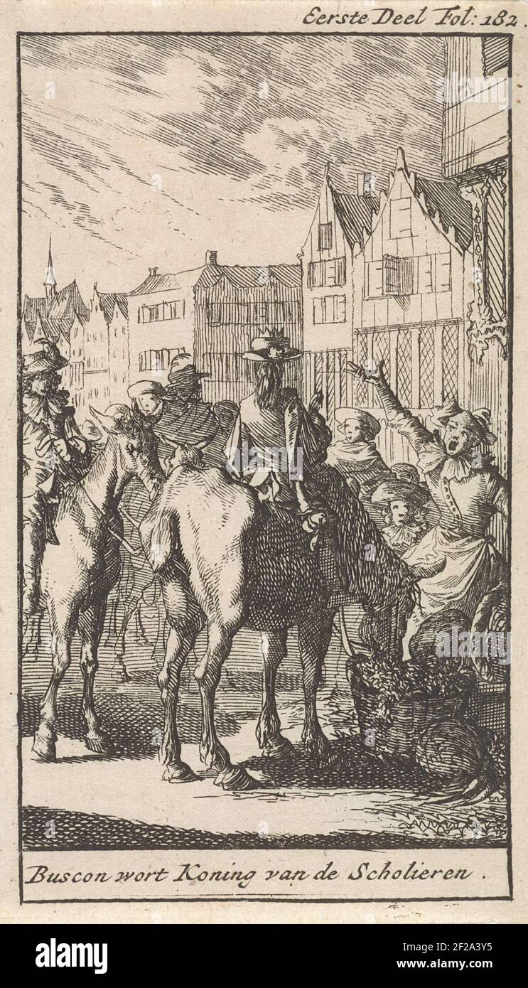 Don Pablo (buscon) is sitting on a horse and let the beast eat from a ...