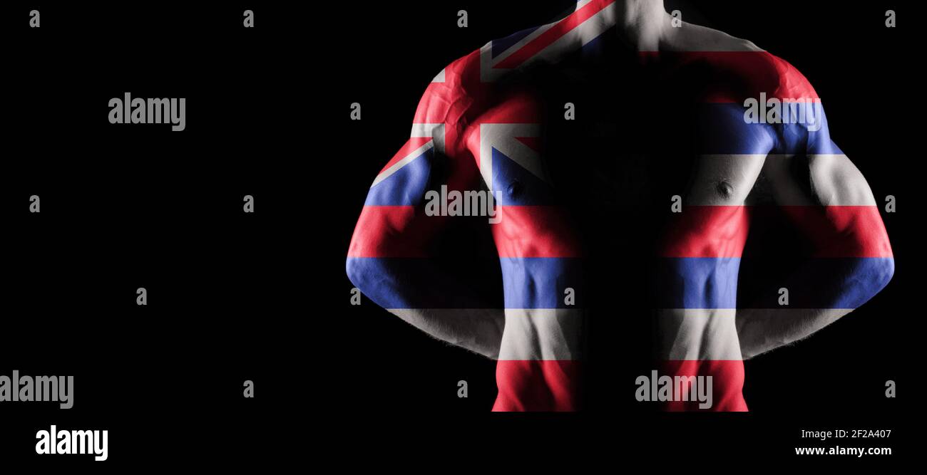Hawaii flag on muscled male torso with abs, Hawaii bodybuilding concept ...