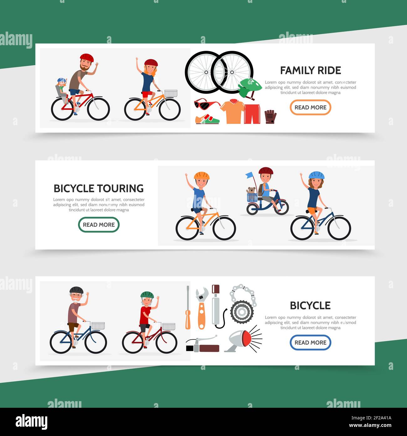 Flat bicycle colorful horizontal banners with different cyclists ...