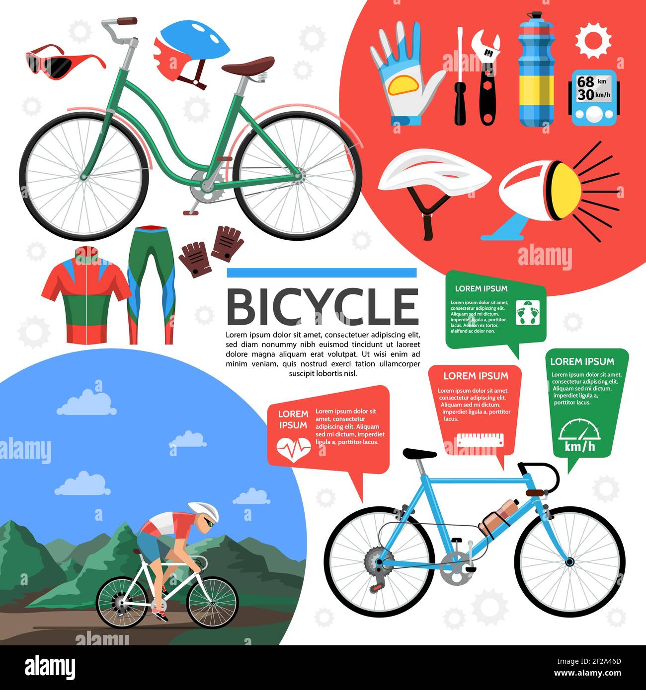 Flat colorful bicycle poster with bike bell sportswear gloves biker ...
